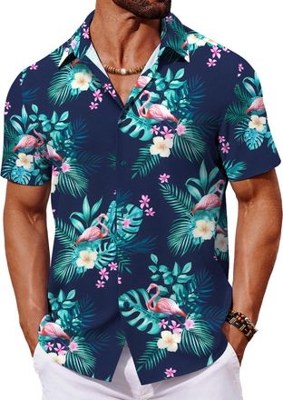 Coofandy Hemd Herren Kurzarm Hawaii Flamingo Hemd Tropical Hawaiian Hemden Sommerhemd Urlaub Leichte Kurzarmhemd Button Down Blumen Shirts Flamingo Navy XL