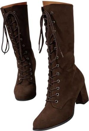 Minetom Bottes pour Femmes Suède Rétro Boots À Lacets avec Talon Bloc Mi-Mollet Bottes Médiévales B Marron 40 EU