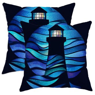 Generic Nautische Kissenbez&uuml;ge, 2er-Set, dunkelblau, Leuchtturm, Wellen, Sommer, dekorativ, quadratisch, K&uuml;ste, Heimdekoration, f&uuml;r Sofa, Bett, Couch, 30,5 x 