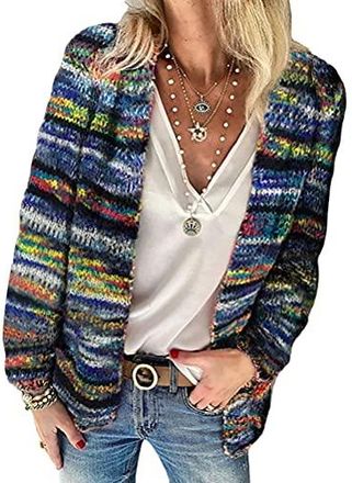 Onsoyours Gilet Grosse Maille Courte Cardigan Ouverte Manches Longues Lâche Décontracté Femme D Bleu 3XL