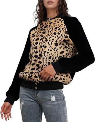 Generico Manteau de baseball confortable et élégant ouvert sur le devant, veste en tricot à motif léopard décontracté pour femme à manches longues, kaki, XL