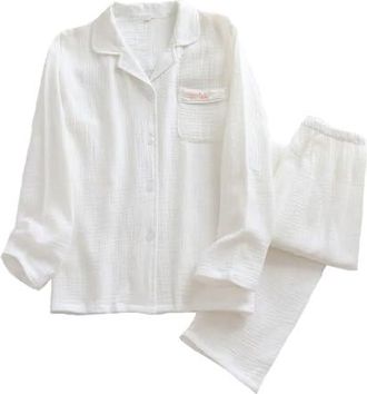 Generic Pyjama deux pi&egrave;ces uni &agrave; manches longues pour femme, ensemble de gaze en coton double couche, v&ecirc;tements de nuit, Blanc pour femme., L