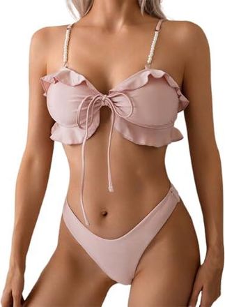 Generic Maillot de bain 2 pi&egrave;ces bikini triangle floral volants noeud papillon maillot de bain maillot de bain femme plage vacances vacances essentiels, rose,