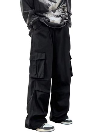 SOLY HUX Herren Cargohose Baggy Cargo Hose mit Taschen Weitem Bein Hosen Lange Freizeithose Einfarbig Streatwear Sweathose Schwarz XL