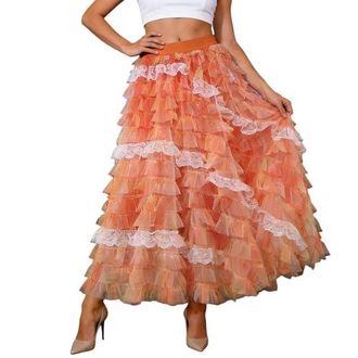 Generico Jupe maxi d&eacute;contract&eacute;e en tulle pour femme Taille haute &eacute;l&eacute;gante Taille &eacute;lastique douce, orange, Taille Unique