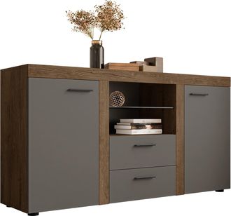 Mirjan24 Kommode Rango mit Glasboden, Highboard Sideboard, Anrichte, Naturtöne, Mehrzweckschrank, Wohnzimmerschrank, Anrichte, Schrank (ohne Beleuchtung, Lefka