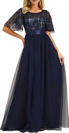 Ever-pretty Damen Abendkleid A-Linie Spitze Kurze Ärmel Partykleid lang Navy blau 46