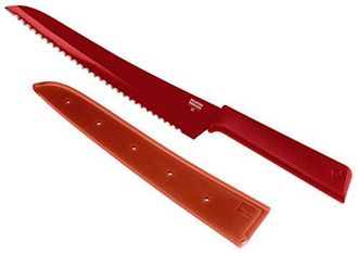 Kuhn Rikon COLORI+ Brotmesser gezackte Klinge mit Klingenschutz, antihaftbeschichtet, Edelstahl, 32.5 cm, rot