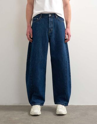 Topman Barrel-Leg-Jeans aus festem Denim in dunkler Waschung-Blau