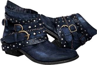 Generic Bottes de motard pour femme, bottes de cow-boy, bottes de pirate, boucle tendance, bottine bohème avec fermeture éclair latérale, chaussures de moto e