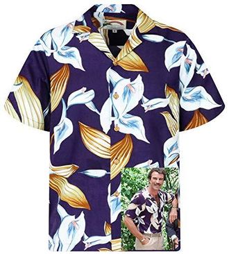 Paradise Found King Kameha Chemise hawaïenne originale pour homme - Manches courtes - Poche avant - Imprimé hawaïen Magnum Tom Selleck, Tom Selleck Calla Lily Violet