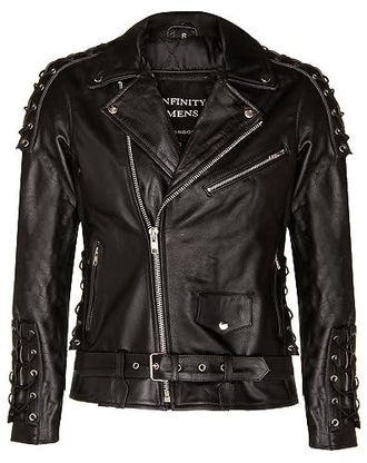 Infinity Leather Veste de motard en cuir vintage Brando &laquo; LIVE TO RIDE &raquo; noir pour homme en relief EIGLE