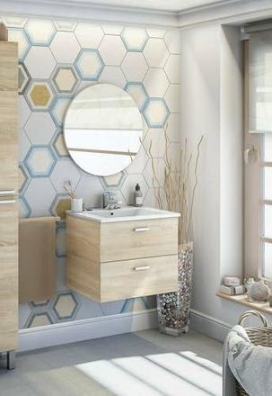 Dmora Badezimmermöbel Maltby, Badezimmerschrank, Mehrzweckschrank, Hängeschrank mit Spiegel, 60x45 h50 cm, Eiche