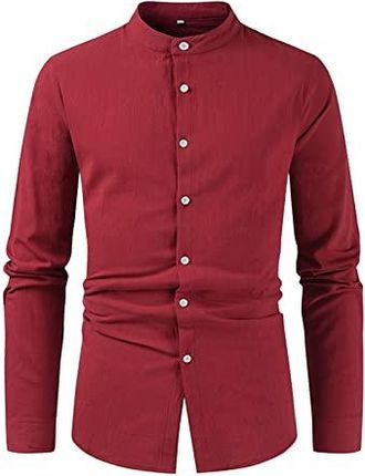 Generic Chemise en coton pour homme, coupe d&eacute;contract&eacute;e, chemise boutonn&eacute;e, couleur unie, col rond, manches longues, l&eacute;g&egrave;re, respirante, s&eacute;chage rapide, cardi