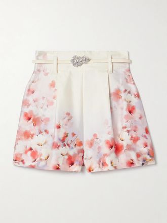 Zimmermann Short En Serge De Soie Et De Coton M&eacute;lang&eacute;s &Agrave; Imprim&eacute; Fleuri Et &Agrave; Ceinture Crush - Cr&egrave;me