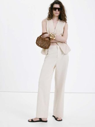 Mango Pantalon en lin taille haute beige - Femme - 32 - MANGO