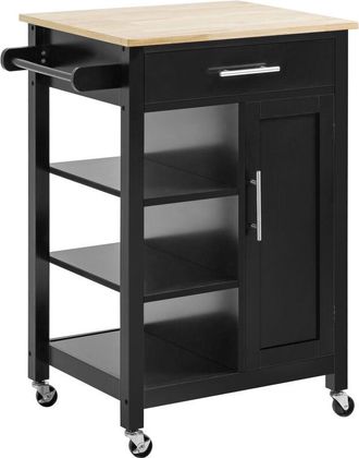 HOMCOM Desserte de cuisine style contemporain - porte, tiroir, 3 étagères - poignées métal mdf noir plateau bois hévéa