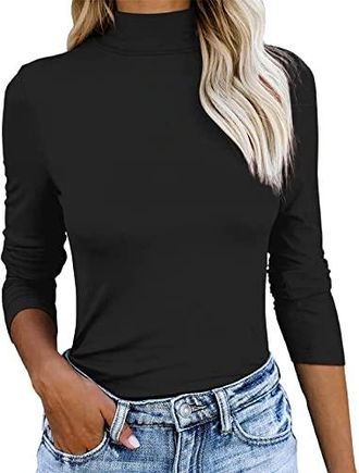 Generic T-shirt basique à manches longues pour femme - Col roulé - Couleur unie - Pull à col roulé - Coupe ajustée - Chemisier élégant et sexy - Haut surdimen