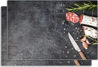 Wallario 2er Set Fr&uuml;hst&uuml;cksbrettchen aus Glas, Glasunterlage, Glasbrettchen Salami, Rosmarin und Knoblauch, Gr&ouml;&szlig;e 30 x 20 cm, Sicherheitsglas