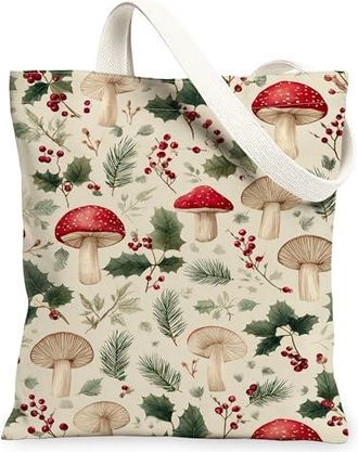 Generic Sacs fourre-tout en toile motif floral champignon, sacs r&eacute;utilisables, respectueux de lenvironnement, l&eacute;gers et lavables, beige, 13x15 Inch