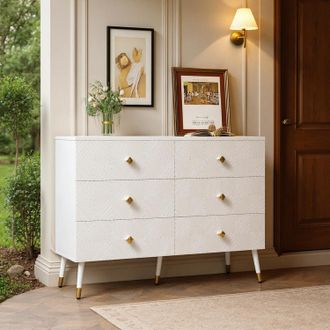 Furniture R Weißer Garderobenschrank mit modernem geometrischen Design, 6-Schubladen, kompakte Lagerlösung für Diele & Flur