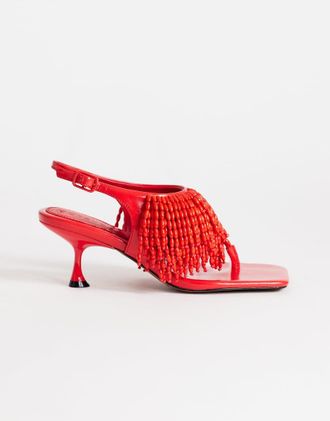 Topshop Night - Sandales &agrave; talon et entredoigt orn&eacute;es de perles - Rouge