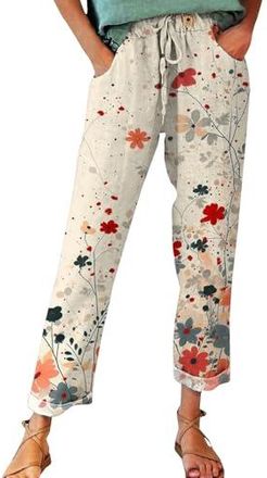 Generic Pantalon Lin Femme &Eacute;t&eacute; Fluide D&eacute;contract&eacute; Womens Autumn Fragrant Linen Print Casual Pants Perfect for Spring Comfortable and Trendy for Relaxed Days a