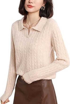 Dissa Pull Cachemire Femme Revers Beige Torsade Tricoté en Vrac Manches Longues épais Pull en Cachemire et Laine,40,DF8025