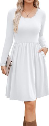 Zeagoo Damen Kleider Elegant Tunika Kleid Rundhals Freizeitkleider Langarm Kleid Klassiker Midikleid mit Taschen Wei&szlig; XL