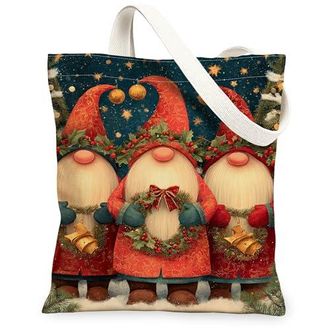 Generic Sacs fourre-tout en toile motif nain de No&euml;l, sacs d&eacute;picerie r&eacute;utilisables, vintage l&eacute;gers et lavables en toile pour les voyages et les pique-niques, 