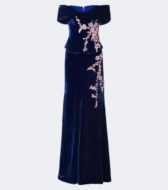 Costarellos Robe longue Rielle en velours &agrave; ornements
