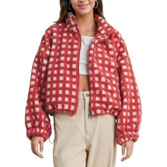 Generic Manteau court Sherpa à carreaux pour femme, veste sherpa à carreaux pour femme, manteau court à manches longues avec fermeture éclair, Rouge, XL