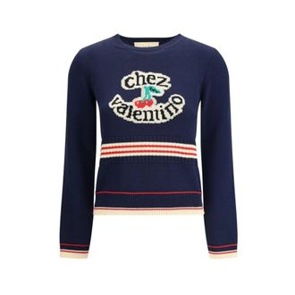 Valentino Kirschiges besticktes Baumwoll-Sweatshirt - - Knitwear - Damen - Blau - M