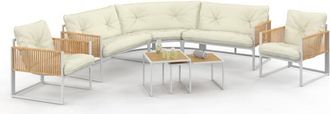 IDMarket Salon de jardin bas RIO 8 places salon dangle structure m&eacute;tal blanc et cordage effet rotin avec coussins beiges
