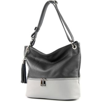 modamoda.de T143 - ital. Leder Schultertasche Umh&auml;ngetasche, Farbe:Dunkelgrau/Grau2021