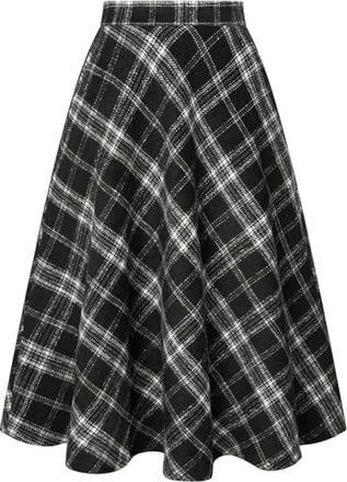 Belle Poque Jupes &agrave; carreaux pour femmes vintage taille haute ligne A midi avec poches, jupes pliss&eacute;es polyvalentes pour femmes, Plaid noir et blanc., L