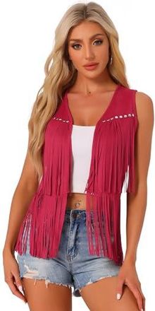 Allegra K Gilet à Franges Femme Devant Ouvert Veste Vintage sans Manches Style Cowboy des Années 70 Cardigan en Faux Suède à Pompons Rouge M