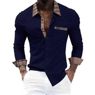 Generic Chemise habill&eacute;e &agrave; manches longues d&eacute;contract&eacute;e pour homme - Chemise ajust&eacute;e avec motif &agrave; carreaux - Chemise boutonn&eacute;e &agrave; carreaux - Col rabattu - Chem