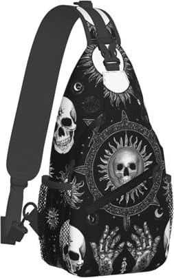 Generic Mode Sacoche Tactique Tatouages gothiques dHalloween : cr&acirc;ne de corbeau, soleil et lune Sac &agrave; Bandouli&egrave;re Polyester Sac Poitrine pour Cyclisme Camping