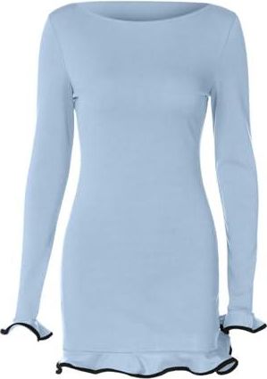 Generic Robe amincissante &agrave; manches longues pour femme - Robe dautomne &agrave; col rond - Mini jupe tricot&eacute;e - Pull dhiver fin et d&eacute;contract&eacute;, bleu, XS