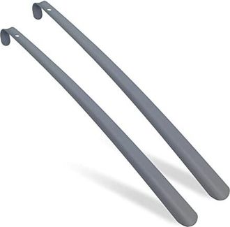 Relaxdays Schuhlöffel 2er Set, 58 cm lang, Schuhanzieher Metall, stabil, Aufhänger, Schuhanziehhilfe für Schuhe, grau
