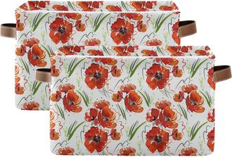 Alaza Aufbewahrungsboxen mit Ledergriff, 2 St&uuml;ck, rote Mohnblumen und gr&uuml;nes Gras, wasserdicht, faltbar, f&uuml;r Badezimmer, Spielzeug, Kleidung, Aufbewahrungsk