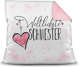 Tassendruck Familie-Kissen mit Spruch f&uuml;r die Weltbeste Schwester - Kissenbezug inklusive Kissen/Verwandte/Geschenk-Idee/Liebling/Kinder/Farbkissen R&uuml;ckseite Altr