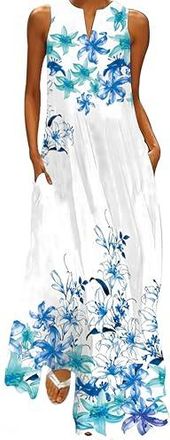 Ocean Plus Femme Robe Longue sans Manches Vintage Imprimée en Couleur Multiple avec Encolure en V (4XL, Orchidée Bleue)