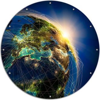 Wallario rundes Outdoor-Poster für Garten oder Balkon Erde im Weltall im Sonnenschein, Motivbanner 120 cm Durchmesser