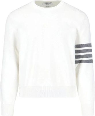 Thom Browne Homme, Pulls, Blanc, Taille: L Pull ras du cou en cr&ecirc;pe de coton avec 4 barres