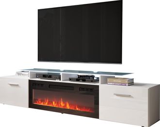 Mirjan24 TV Schrank mit Elektrischem Kamin Rozion, Realistische LED-Flamme, Mit Deko-Kristallen, Elektrischer Kamin mit Heizung, TV Lowboard (Wei&szlig;/Wei&szlig; Hochgla