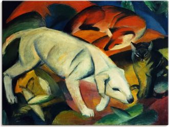 Artland Wanddeko Leinwand Bilder Wandbild 80x60 cm Abstrakte Kunst Idyll Drei Tiere Hund Fuchs und Katze 1912 Expressionismus Franz Marc T6SG
