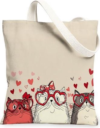 Generic Sacs fourre-tout en toile motif chat de Saint-Valentin, sacs &agrave; provisions r&eacute;utilisables, l&eacute;gers, lavables et respectueux de lenvironnement, beige, 13x