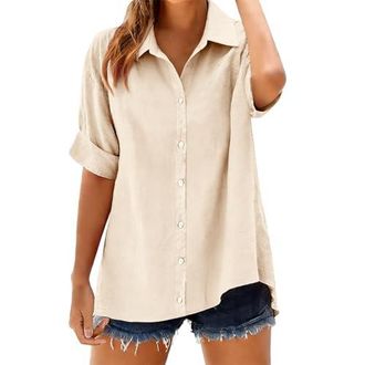 Generic Chemise en lin pour femme grande taille - Chemisiers &agrave; manches longues pour le travail en coton avec boutons &agrave; col popover, chemisier &agrave; &eacute;paules tomban